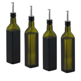 Relaxdays - Essig- und Ölspender Set, 4 Glasflaschen, 500 ml, Ausgießer, Olivenöl & Vinaigrette, leere Ölflaschen, grün