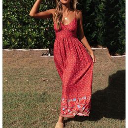 AFAZ New Trading UG Sommerkleid Damen-Böhmisches V-Ausschnitt-Hosenträger-Blumenkleid mit großem Rock
