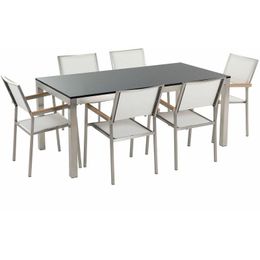 Beliani Gartenmöbel Set Schwarz Weiß Granit Edelstahl Tisch 180 cm Geflammt 6 Stühle Terrasse Outdoor Modern - Grau