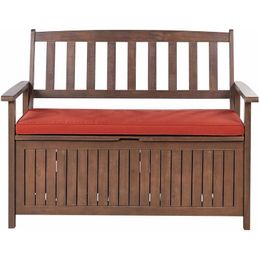 Beliani Gartenbank Dunkelbraun Akazienholz 120 cm mit Auflage Rot Armlehnen Stauraum Modern Rustikal Garten Terrasse Wintergarten Ausstattung Outdoor