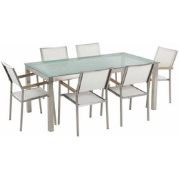 Beliani - Gartenmöbel Set Weiß Sicherheitsglas Edelstahl Tisch 180 cm 6 Stühle Terrasse Outdoor Modern - Silber