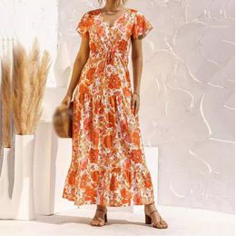 AFAZ New Trading UG Sommerkleid Kurzärmliges Kleid mit Blumenknöpfen und Schnürung und V-Ausschnitt