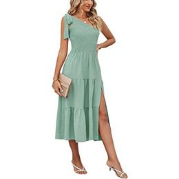 B.X Sommerkleid Damen Slim Fit Abendkleider Rüschen ärmellos trendig Cocktailkleider Einfarbig hohe Taille Sommerkleid geschlitztes Strandkleider