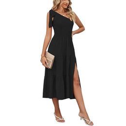 B.X Sommerkleid Damen Slim Fit Abendkleider Rüschen ärmellos trendig Cocktailkleider Einfarbig hohe Taille Sommerkleid geschlitztes Strandkleider