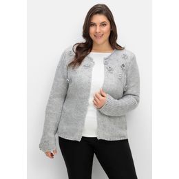 CRÉATION L Große Größen: Cardigan mit Häkelblüten und Glitzergarn, grau meliert, Gr.52