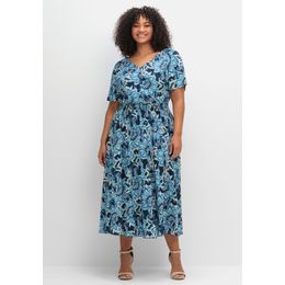 sheego by Joe Browns Große Größen: Maxikleid mit Blumenprint und Taillen-Smokbund, blau gemustert, Gr.40