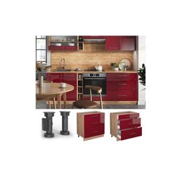 VICCO Schubladenunterschrank K&uuml;chenschrank K&uuml;chenm&ouml;bel Fame-Line Eiche Bordeaux Rot 80 cm modern Hochglanz K&uuml;che Einbauk&uuml;che Dreht&uuml;r Blende Schublade K&uuml;chenunterschrank K&uuml;chenzeile