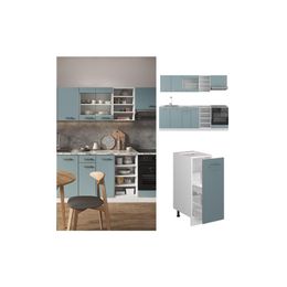 VICCO Küchenzeile R-Line Solid Weiß Blau Grau 240 cm Arbeitsplatte modern Küchenschränke Küchenmöbel