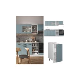 VICCO K&uuml;chenzeile R-Line Solid Wei&szlig; Blau Grau 240 cm Arbeitsplatte modern K&uuml;chenschr&auml;nke K&uuml;chenm&ouml;bel