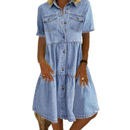 ZWY Jeanskleid Kurzärmliges Jeanskleid mit Revers und Midirock in Distressed-Optik (M-XL) Blusenkleid damen