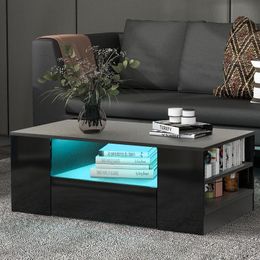 Couchtisch hochglanz Sofatisch mit LED-Beleuchtung, Wohnzimmertisch mit 4 Ablage und 2 Schubladen, Beistelltisch mit Fernbedienung,schwarz - Merax