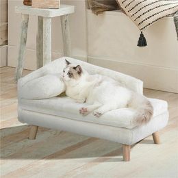 Hundesofa Katzensofa Haustiersofa mit Rückenlehne Plüsch Kissen Holzbeinen, Waschbar Hundecouch katzensessel für Hunde Katzen Welpen, Beige 70x40x39cm