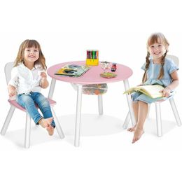 Kindersitzgruppe mit 1 Holztisch und 2 Stühlen, Kindertisch mit Netztasche, Sitzgruppe für Kleinkinder & Maedchen & Jungs, Kindermoebel-Set (Rosa)