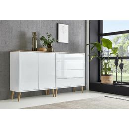 Bmg Möbel - Sideboard Mailand Set 3, grifflos, Holzfüße, Weiß/ Artisan, Weiß hochglanz - Weiß