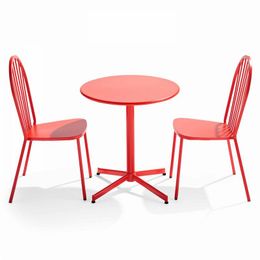 Oviala - set runder Gartentisch und 2 Bistro-Gartenstühle aus rotem Metall - Rot