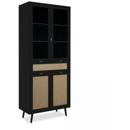 Vitrine 80x195h cm mit 4 Türen und Schublade schwarz mit Rattanfronten - Vienna52A