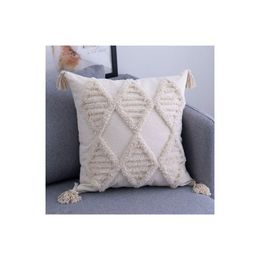 Moderner Kissenbezug, dekorative Kissen, einfacher getufteter Kissenbezug mit gestrickten Pompons, dekorativ für Sofa und Bett, Beige, Baumwolle, 45