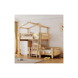 Etagenbett mit Kleiderschrank, ausziehbares unteres Kinderbett, Vierstufige Leiter mit Schräger Leiter, 90x200 cm