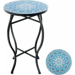 Mosaik Beistelltisch, Ø30cm runder Gartentisch mit Metallgestell, Blumenhocker Blumenregal mit Mosaikplatte, Retro Mosaiktisch für Balkon & Terrasse