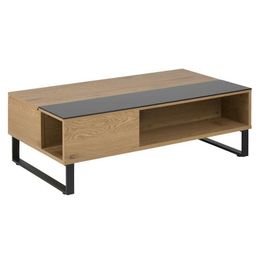 ebuy24 Allan Couchtisch mit Hebe/Senkefunktion und Aufbewahrung in Eiche Furnier und schwarzen Glas.