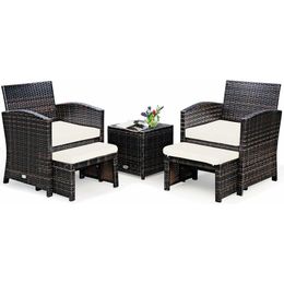 5 tlg. Rattanmoebel, Poly Rattan Gartenmoebel, Lounge Set aus 1 Tisch & 2 Stühlen & 2 Ottomanen, Kissen mit Abnehmbarem & Waschbarem Bezug (Beige)