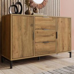 Okwish - Kommode mit 2 Türen und 3 Schubladen, 120 x 40 x 76 cm in Dunkle Eiche, Verstellbare Ablage, Sideboard Highboard für Schlafzimmer & alle