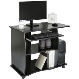 Haloyo - Schreibtisch schwarz Computertisch Bürotisch & Rollen pc Tisch mit Ablageböden 90x75x50cm