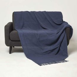 Homescapes - Kashi Tagesdecke blau 225 x 255 cm – Baumwolldecke mit Fransen - Dunkelblau