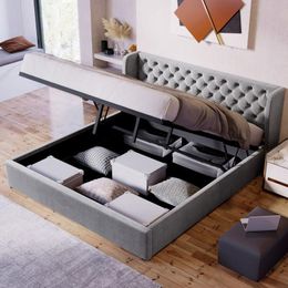 Betten mit Stauraum Hydraulisches Bett 180x200 cm mit Lattenrost Bett für Erwachsene fleckabweisendem Samt Grau - Grau
