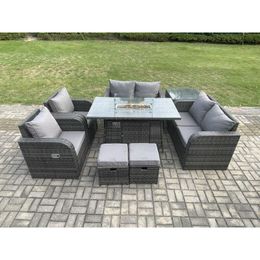 8-Sitzer Rattan Gartenmöbel Set Propan Gas Feuergrube Tisch und Sofa Stuhl set mit Beistelltischen 2 Kleine Fußhocker - Fimous