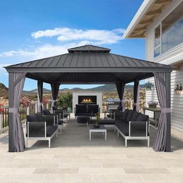 3.65 x 7.32 m Patio Gazebo für Hinterhof Hardtop verzinktem Stahl Dach Markise mit Upgrade-Vorhang, Grau - Purple Leaf