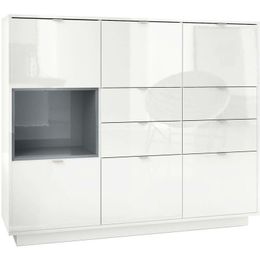 Vladon Highboard Sideboard Kommode Schrank Bücherregal Metro V2 - Weiß Hochglanz - Einsatz in Grau Hochglanz ohne led Beleuchtung - Einsatz in Grau