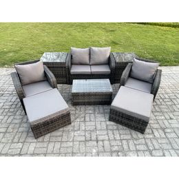 Fimous 6-Sitzer Lounge Sofa Set Rattan Gartenmöbel Set mit rechteckigem Couchtisch 2 Großer Hocker 2 Beistelltische Dunkelgrau Gemischt