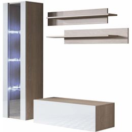 Wohnwand mit led Mediawand Möbel tv TV-Schrank Wohnzimmer Wohnmöbel Anbauwand Möbelkombination Hängend 160cm Sonoma Matt mit Weiß Glanz Luke 2E