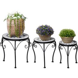 3er-Set Pflanzenständer aus Metall mit Keramikplatte, Retro-Look, Höhen: 27, 31, 35 cm - Schwarz+Weiß - Outsunny