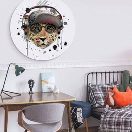 K&L WALL ART Alu-Dibond-Poster Rund Metalloptik Wandbild Leopard Safari dj Graffiti Kunst Musik Panther ø 30cm - bunt