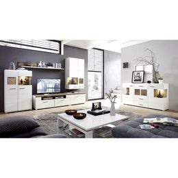 Lomadox Wohnzimmer Möbel weiß mit Eiche Applikationen FARO-36 Set inkl. led Beleuchtung, b/h/t: ca. 315/205/47 cm - weiß