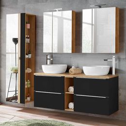 Lomadox - Badmöbel Set mit Doppel-Waschtisch mit 2 Aufsatzbecken und 2 Spiegelschränken TOSKANA-BLACK-56 seidenmatt anthrazit/Wotaneiche BxHxT ca.