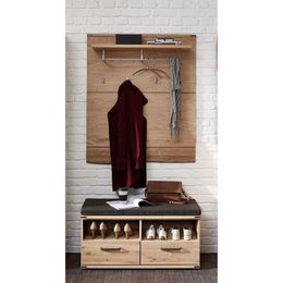 Lomadox Garderoben Set mit Garderobenpaneel und Sitzbank in Eiche teilmassiv - braun