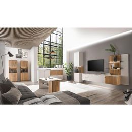 Lomadox Wohnzimmermöbel Wohnwand modern 7-teilig weiß Eiche massiv bianco geölt LUCERA-52 Couchtisch & led Beleuchtung - weiß