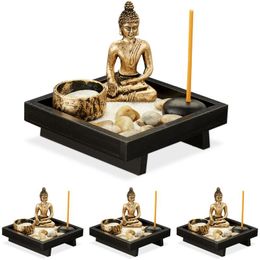 Relaxdays - 4 x Zen Garten, mit Buddha, Steinen, Sand, Räucherstäbchen & Teelichthalter, Entspannung, Feng Shui Deko, schwarz