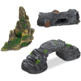 Aquarium Deko Set, 3-tlg., Felsen, Baumstamm Höhle, Brücke, Aquarien Zubehör, Einrichtung, aus Polyresin, grau - Relaxdays