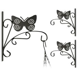 Relaxdays 3x Blumenhaken mit Schmetterling-Motiv, Blumenampelhalter für Wand, Metall Garten-Deko, hbt: 30 x 27,5 x 2cm, schwarz