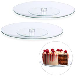 Relaxdays 2 x Tortenplatte, 360º drehbar, ∅ 30 cm, zum Servieren & Dekorieren, Kuchen, runder Drehteller, Glas, transparent