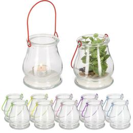 Windlicht, 12er Set, Glas, mit buntem Henkel, innen & außen, Teelichthalter, h x d: 10 x 8,5 cm, transparent - Relaxdays