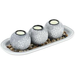 Teelichthalter Set mit Tablett & Steinen, 35 cm lang, Tischdeko Wohnzimmer, Esszimmer, Kerzenhalter, grau/weiß - Relaxdays