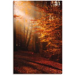 Wandbild Artland "Sonnenaufgang im Herbst" Bilder Gr. B/H: 60 cm x 90 cm, Leinwandbild Wald, 1 St., goldfarben Kunstdrucke