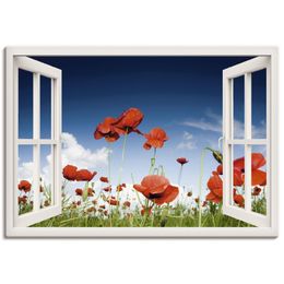 Wandbild Artland "Fensterblick Feld mit Mohnblumen" Bilder Gr. B/H: 100 cm x 70 cm, Leinwandbild Fensterblick Querformat, 1 St., weiß Kunstdrucke
