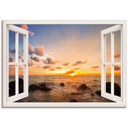 Wandbild Artland "Fensterblick Sonnenuntergang am Meer" Bilder Gr. B/H: 100 cm x 70 cm, Leinwandbild Fensterblick, 1 St., weiß Kunstdrucke