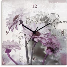 Wanduhr Artland "Fotocollage - Gerberas, lila" Wanduhren Gr. B/H/T: 30 cm x 30 cm x 1,7 cm, Funkuhr, lila Wanduhren